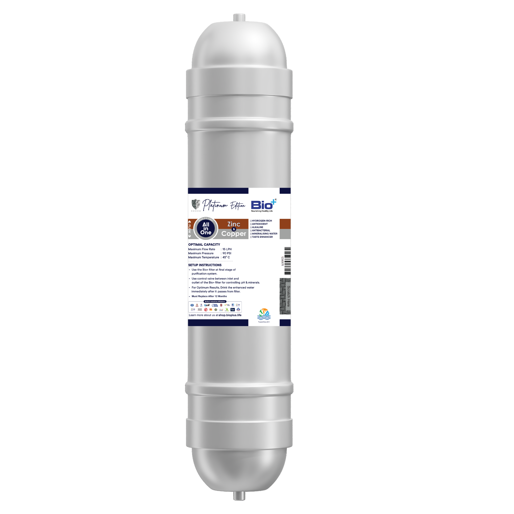 Bio+ Zinc & Copper Alkaline Mineralising Hydrogen-rich Water Filter ...
